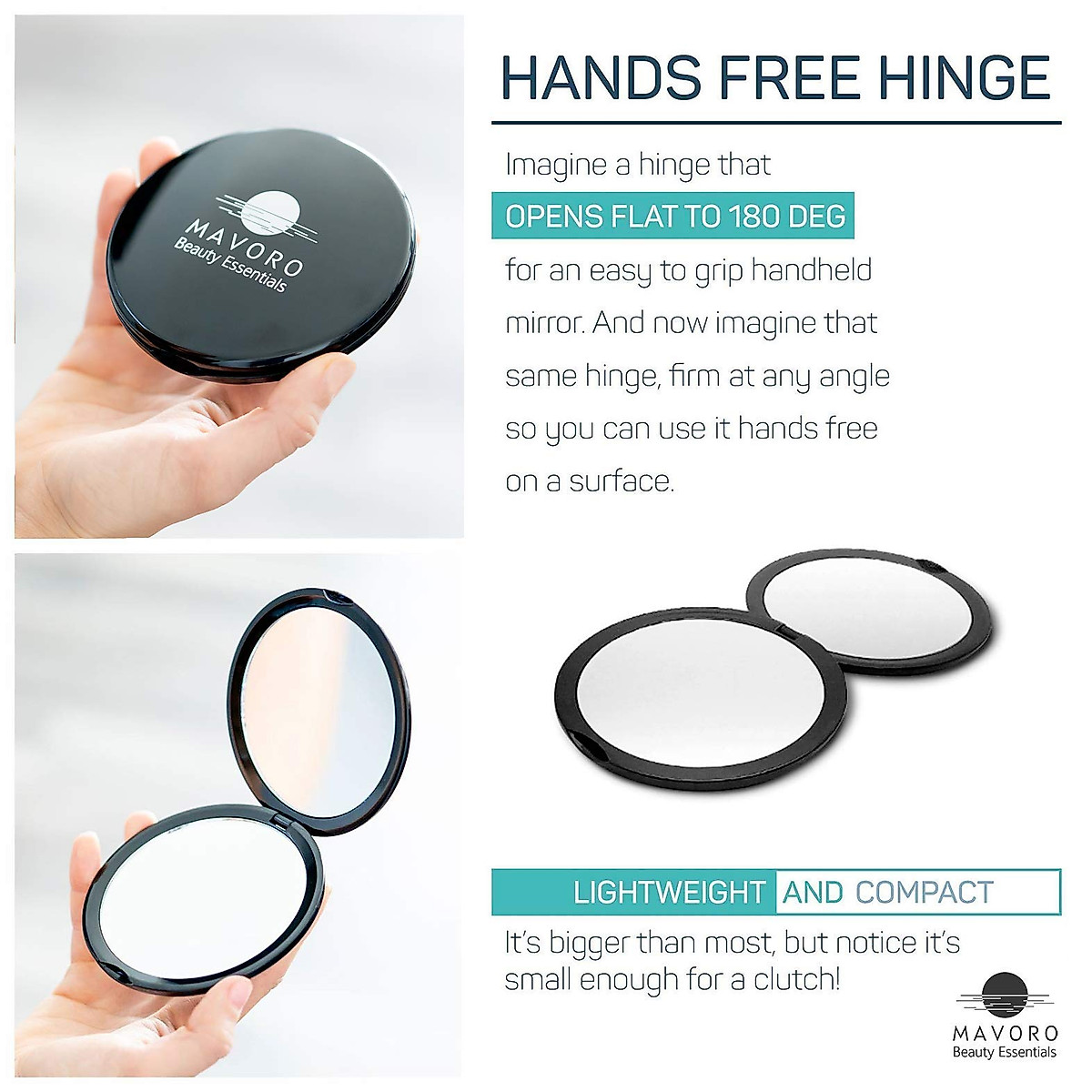 Magnifying Compact Mirror for Purses with 10X Magnification – Double Sided Travel Makeup Mirror, 4 Inch Small Pocket Mirror, or Purse Mirror. Bundle Black and Pink