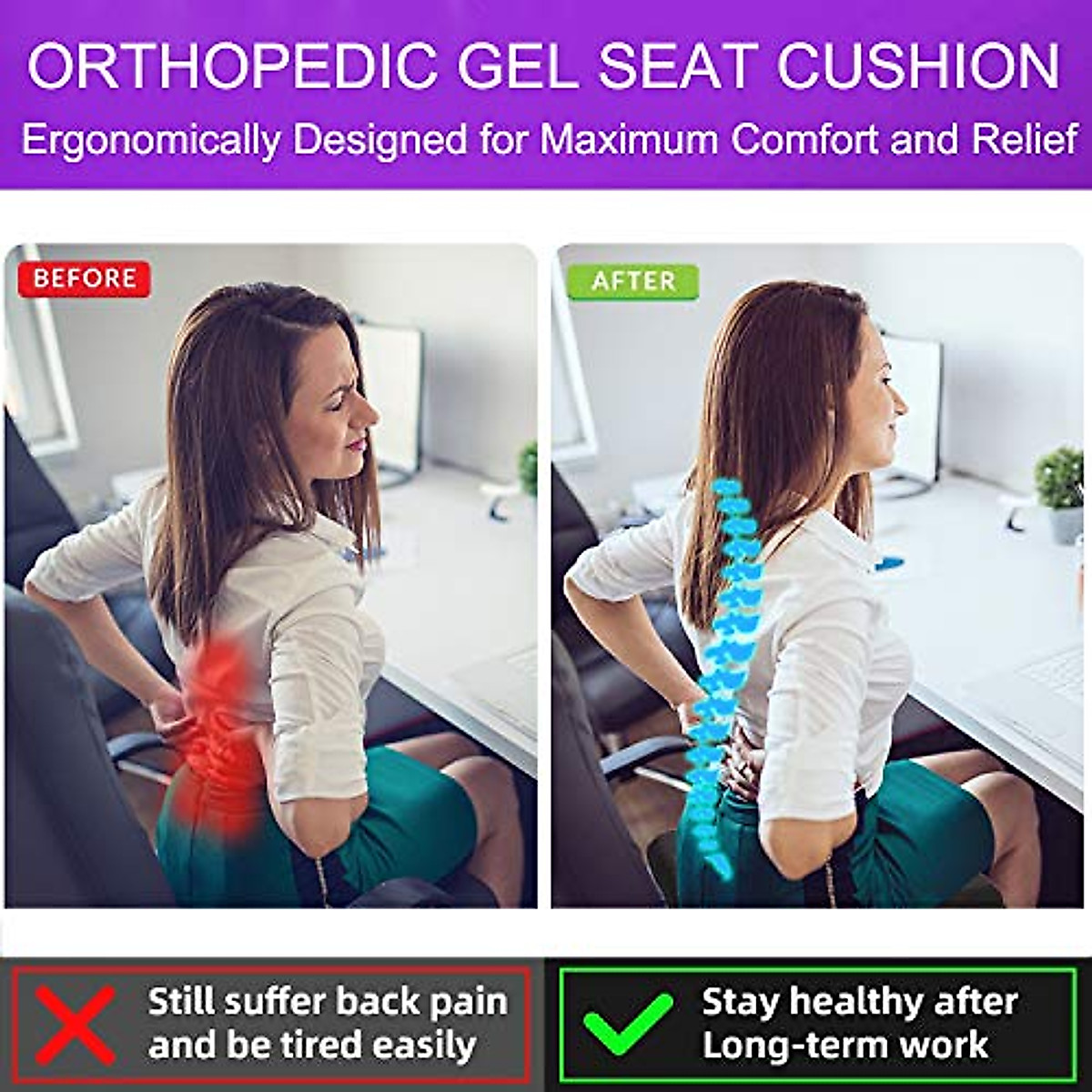 Helishy Gel Seat Cushion Pillow - Office Chair Car Seat Cushions - Pressure Reducing Honeycomb Designed for Comfort - Egg Seat Pads for Long Sitting with Non-Slip Cover