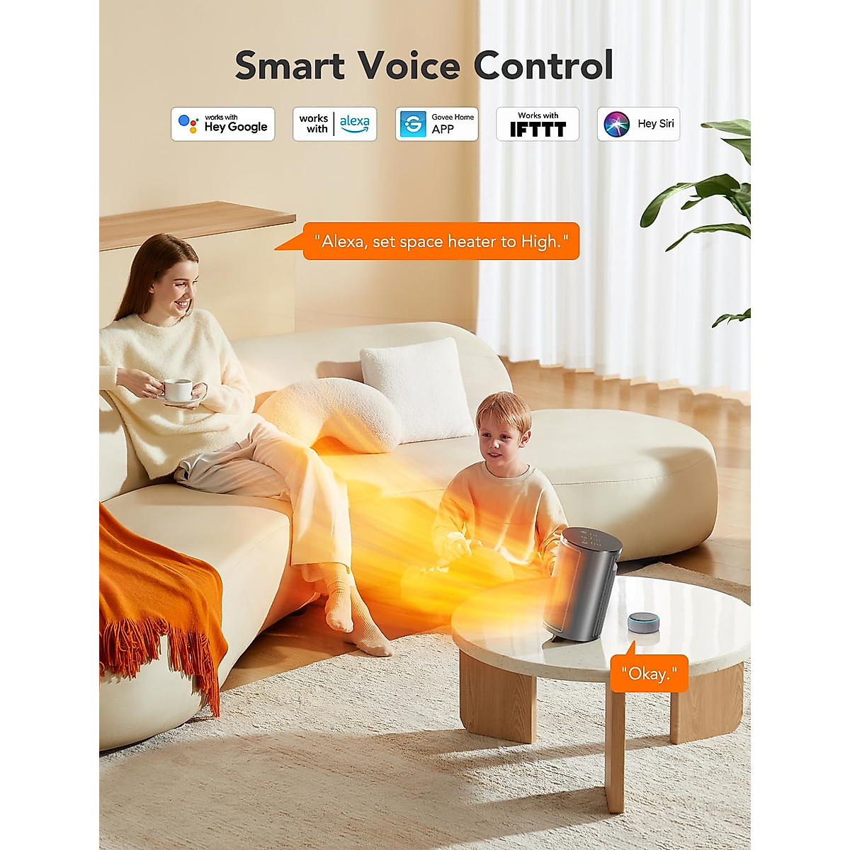 GoveeLife Space Heater for Indoor Use, 1500W Fast Electric Heater with Smart Thermostat, Wi-Fi App & Voice Remote Control, Small Heater Safety for Bedroom Home Indoors Office Desk Portable, Grey