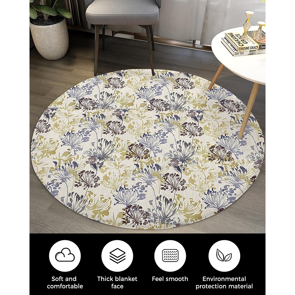 Country Rustic Flower Fluffy Round Area Rug Carpets 5ft, Plush Shaggy Carpet Soft Circular Rugs, Non-Slip Fuzzy Accent Floor Mat for Living Room Bedroom Nursery Home Decor Botanical Plant Farm Herb