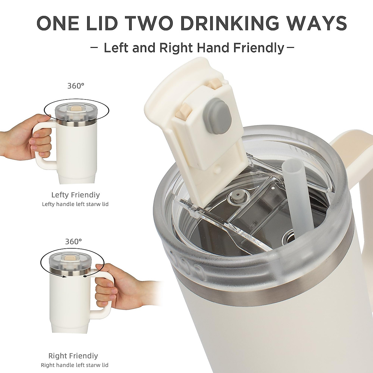 Tyeso 30 oz Tumbler with Handle, Straw and Lid - Leak Resistant Insulated Stainless Steel Water Bottle, Car Cup Holder Friendly Travel Coffee Mug White - Gifts for Men & Women