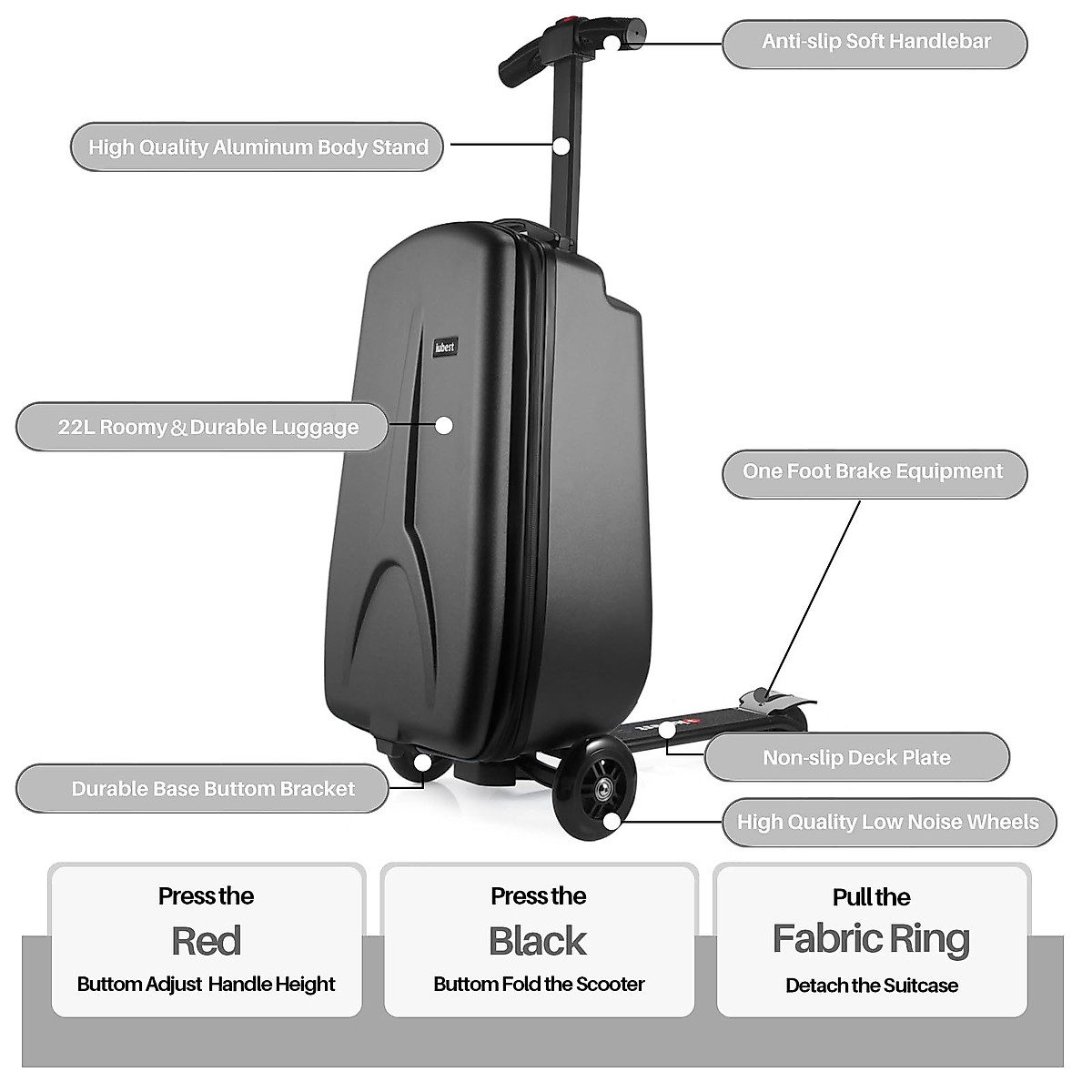 iubest Scooter Luggage Carry On Scooter Suitcase for Kids Age 4-15, Detachable & Foldable 4 in 1 Kids Suitcase, Multifunctional Ride On Travel Trolley Scooter Combo-Black
