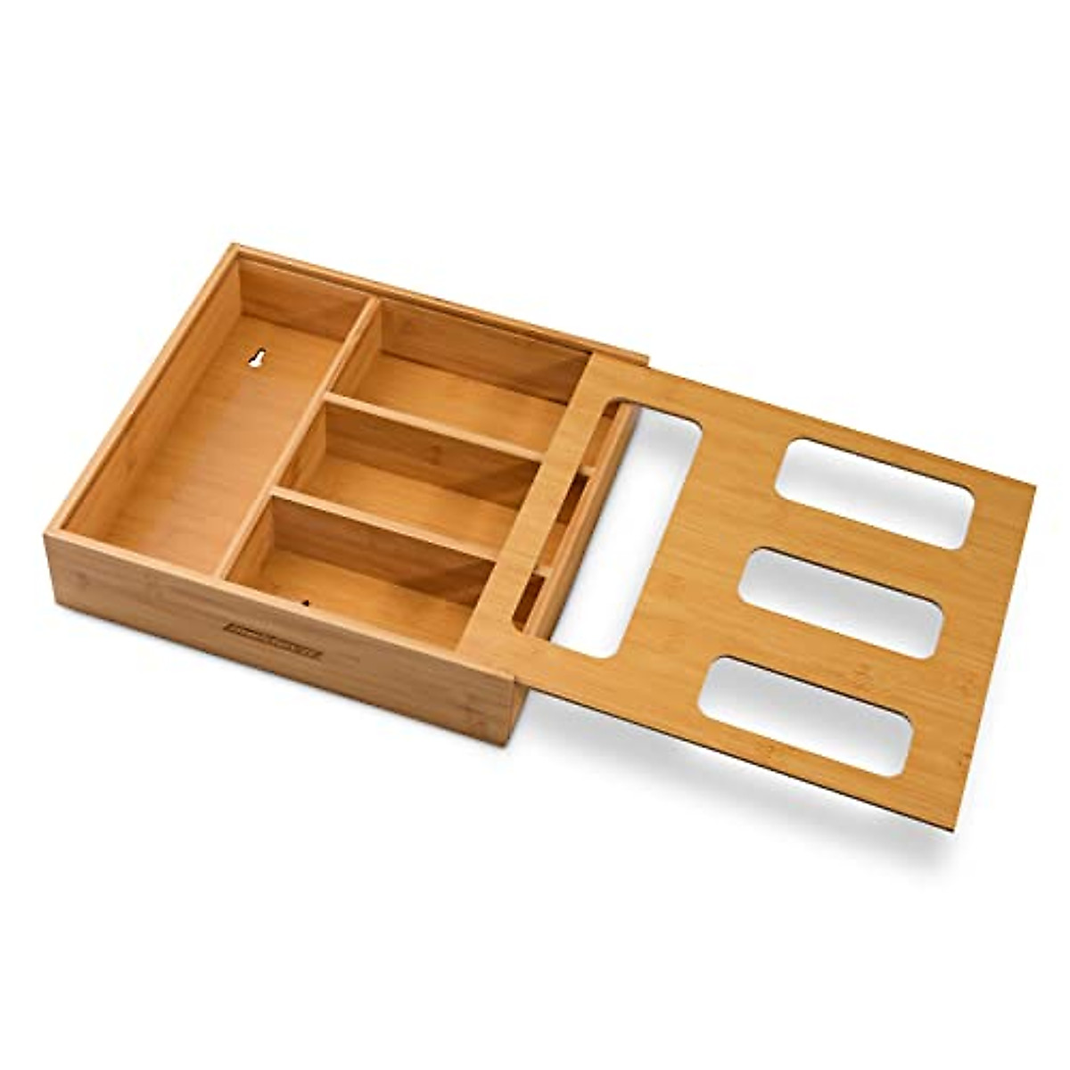 Bamboo Ziplock Bag Drawer Organizer Storage Box Baggie Holder for Kitchen Drawer or Wall Mount, Compatible with Gallon, Quart, Sandwich, And Snack Variety Size Bags, 1 Box 4 Slots
