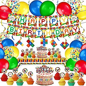 Spiareal 78 Pcs Building Block Birthday Party Supplies Birthday Party Decor Include Happy Birthday Banner, Building Block Swirls, Table Cover, Cake Toppers, Cupcake Toppers, Balloons for Kids Kids