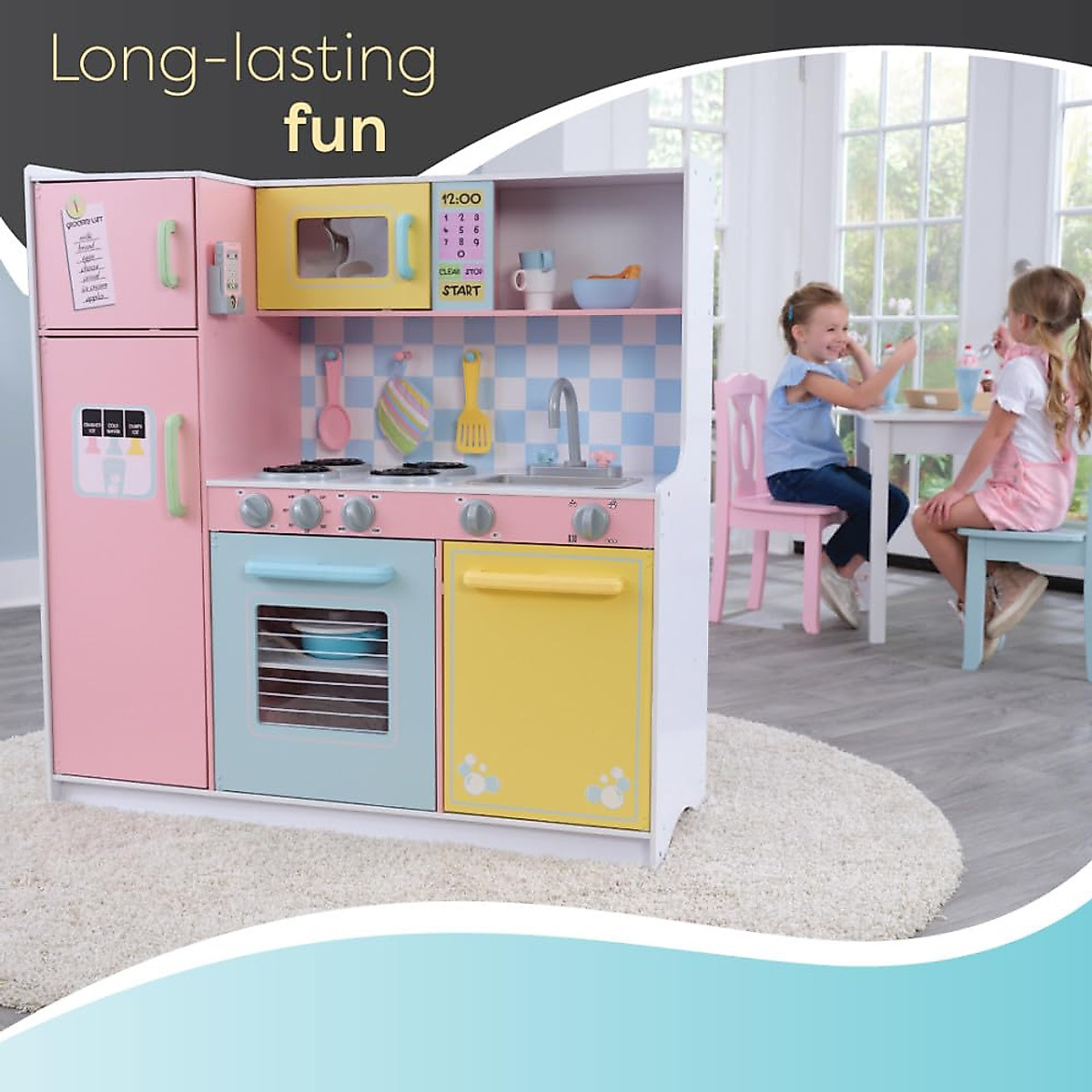 KidKraft Wooden Large Pastel Play Kitchen with Turning Knobs, See-Through Doors and Play Phone Gift for Ages 3+