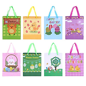 Chuangdi 16 Pieces Easter Paper Bags Easter Bunny Egg Chicken Gift Bags with Handles for Easter Party Supplies, 8 Styles