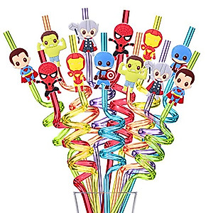 24 Superhero Party Favors Reusable Drinking Straws with Cartoon Decorations Great for Super Hero Birthday Party Supplies with 2 Cleaning Brush