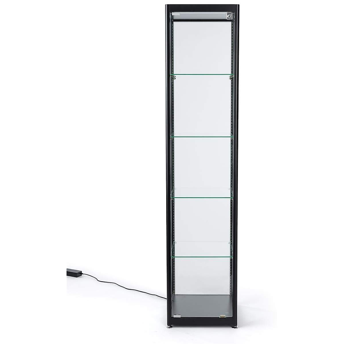 Displays2go Multi-Level Tempered Glass Tower with Lighting – Black (DCKDMT16B)