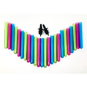 Desert Mercantile 24 Neon Test Tube Shot Glasses with 2 BONUS Liquor Pourers for Spill Free Pours for Bachelorette Parties, Bars, Pool Parties, Man-Caves, New Years Eve, and Holidays.