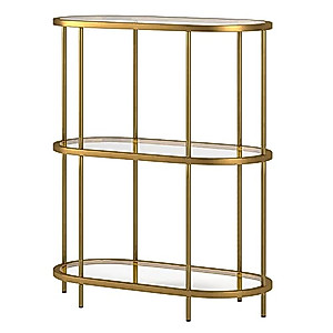 Pemberly Row Mid-Century Metal Bookcase with Glass Shelves in Brass