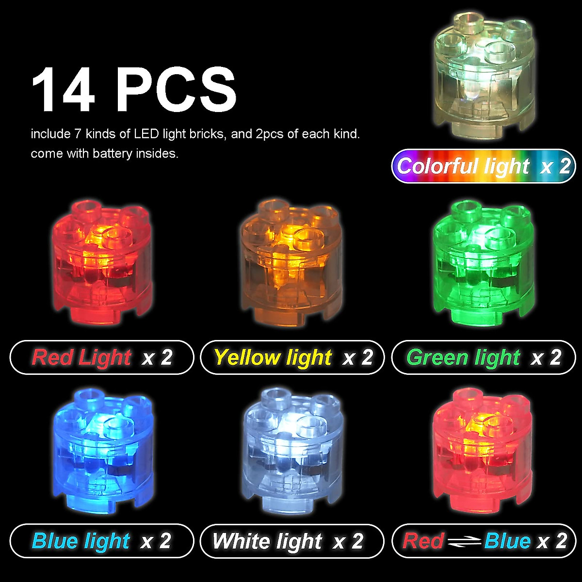 Light Up Bricks Accessories Kits, 2x2 Classic Transparent LED Light Brick Pack, 14 Pieces Parts Building Blocks Set Toys