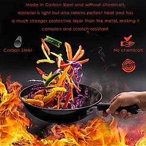 Moss & Stone 5 Pcs Carbon Wok Set, Carbon Steel Wok Pan 12 Inch Woks and Stir Fry Pans, Chinese Wok For Electric, Induction & Gas Stove With Glass Lid, Wok Spatula, Chopping Board & Paring Knife