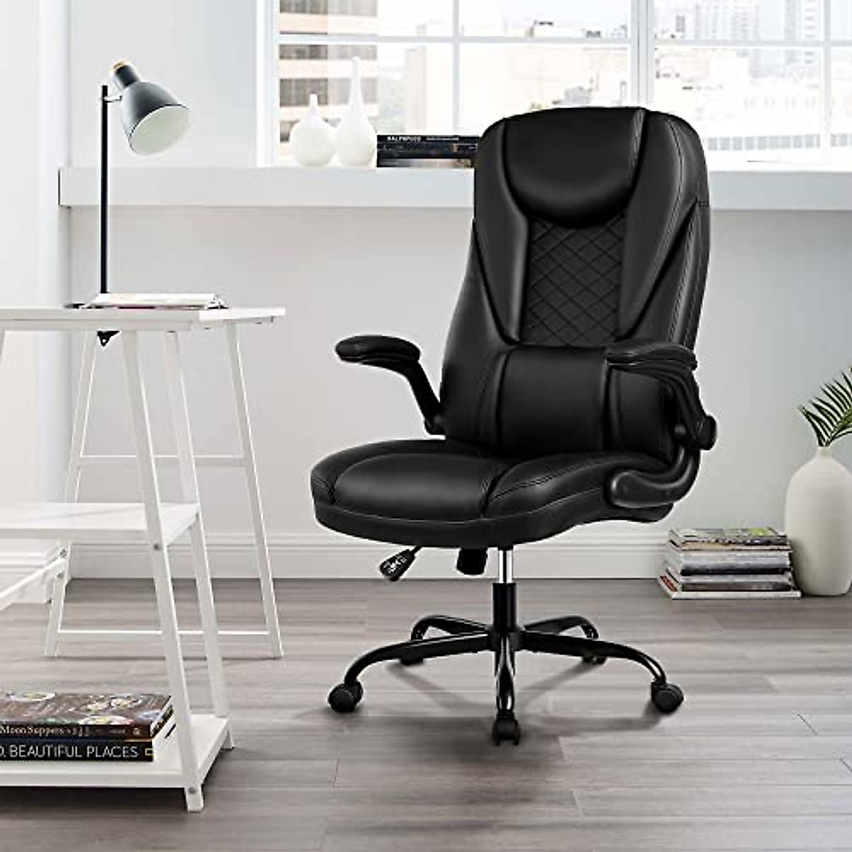 Guessky Office Chair, Executive Office Chair Big and Tall Office Chair Ergonomic Leather Chair with Adjustable Flip-Up Arms High Back Home Office Desk Chairs Computer Chair with Lumbar Support (Black)