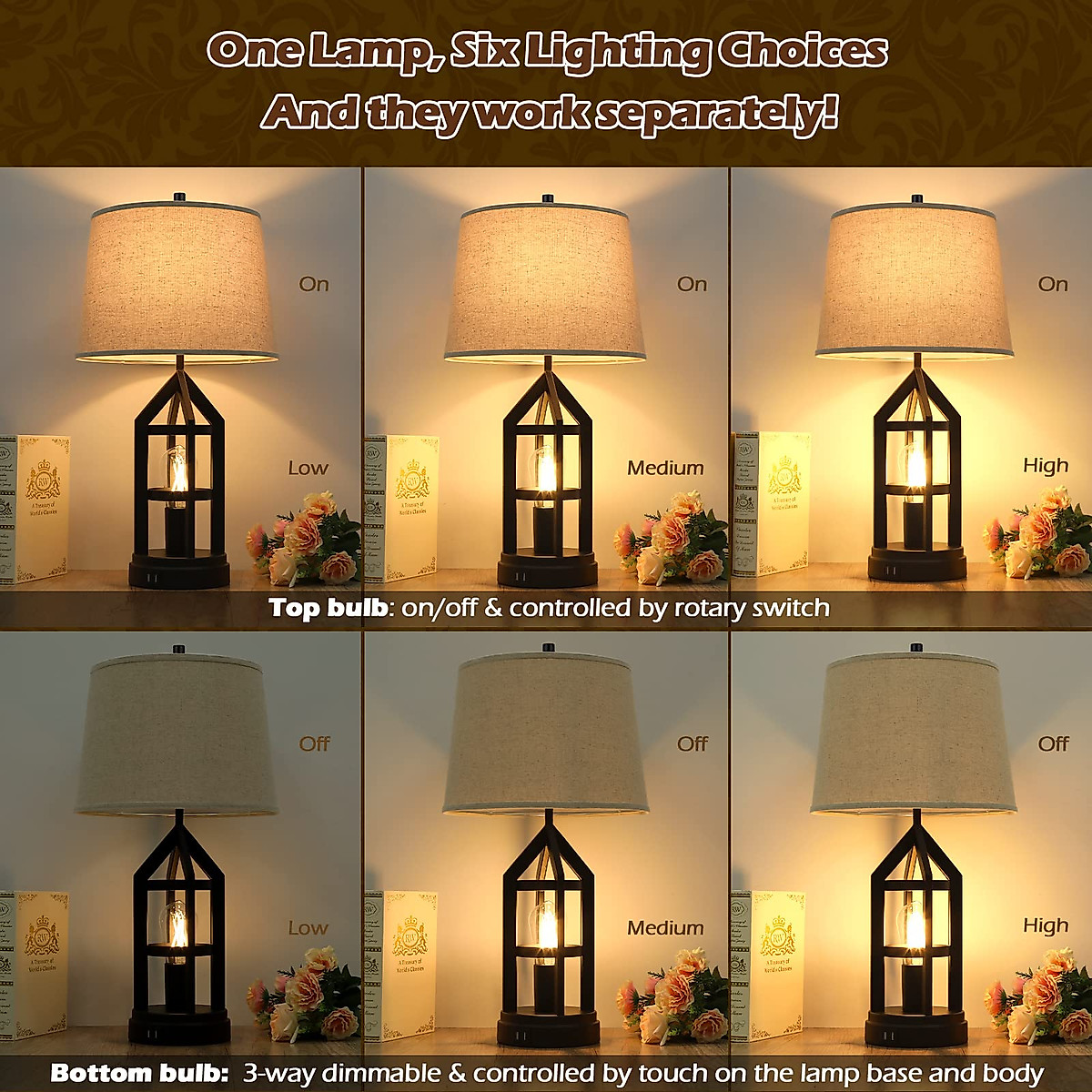 Farmhouse Table Lamps for Living Room Set of 2, 3-Way Dimmable Touch Control Bedside Lamps with 2 USB Charging Ports, Bedroom Reading Lamps for Nightstand, Rustic Home Decor, 4 LED Bulbs Included