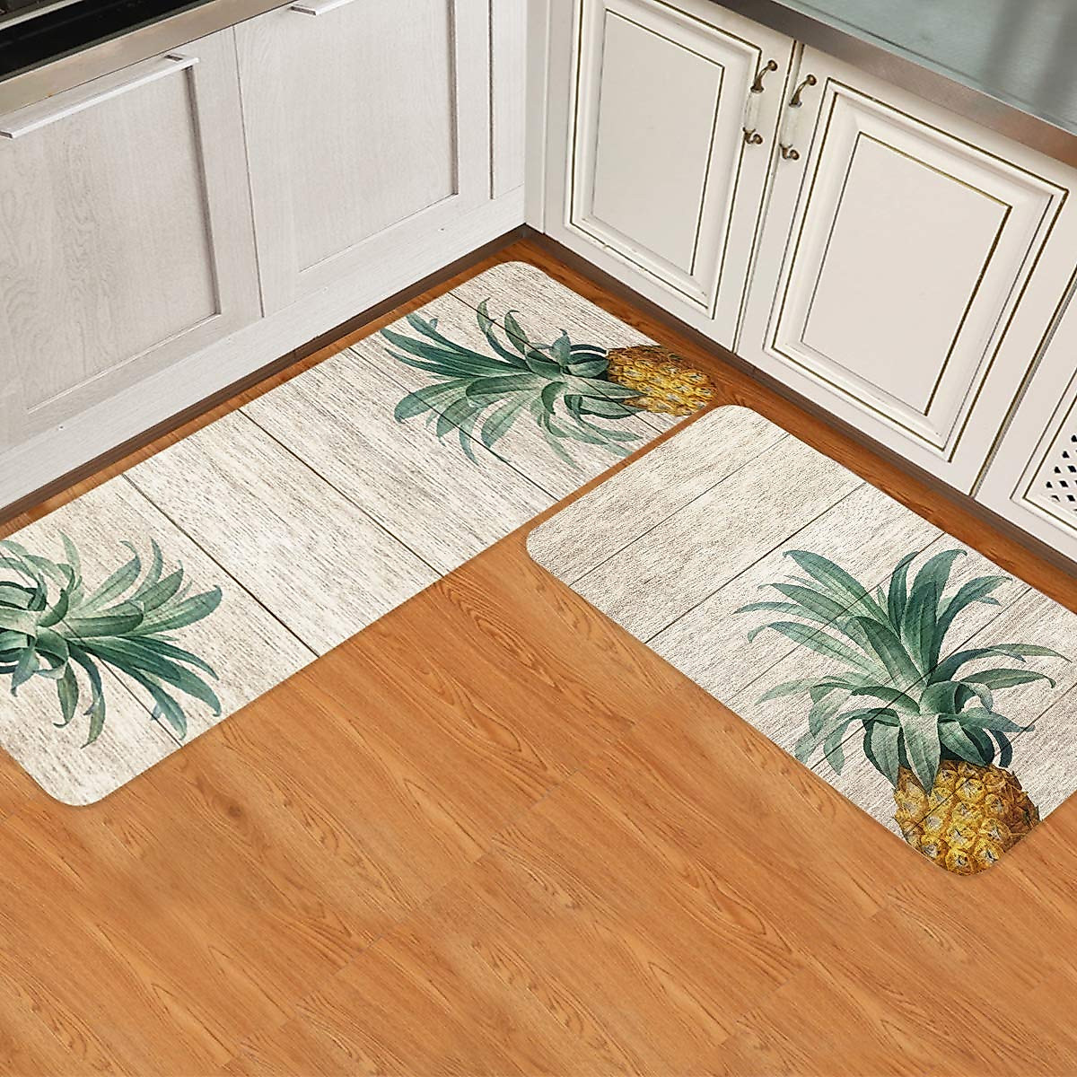 Anti Fatigue Kitchen Floor Rug Set 2 Piece Non-Slip Waterproof Kitchen Rugs Bath Mat Doormat Area Rug Floor Mat for Indoor Home Office Use,Pineapple on a Wooden Board 19.7x31.5in+19.7x47.2in