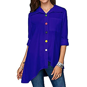 Andongnywell Womens Roll up Sleeve Irregular Hem Button Shirts Pullover Stretch Formal Casual Shirt Blouse (Blue,8,5X-Large)