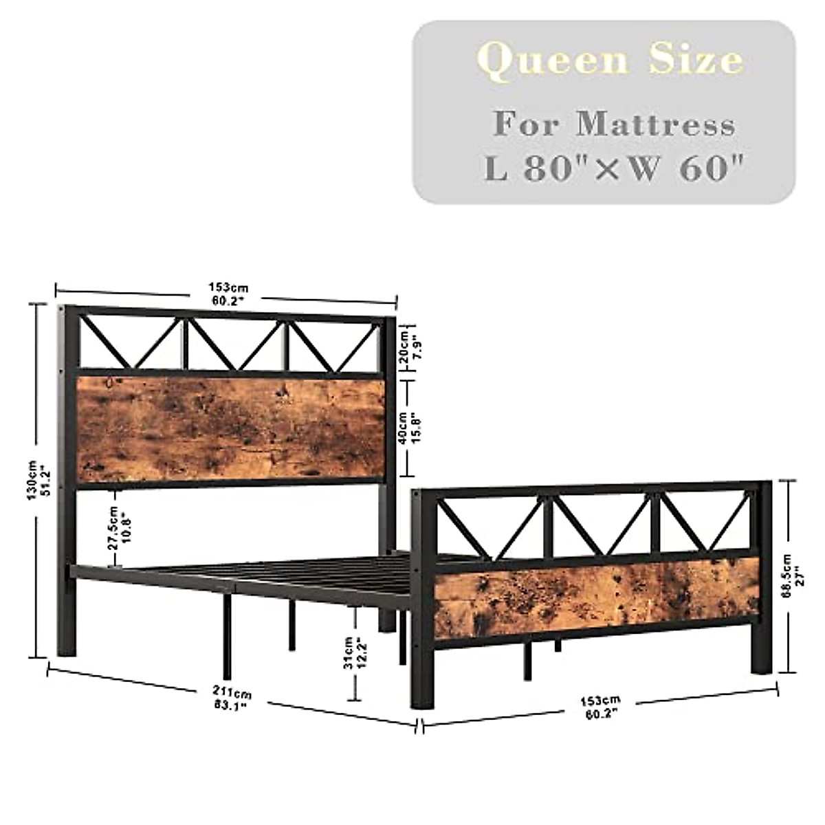 LIKIMIO Queen Bed Frame, Tall Industrial Headboard 51.2", Platform Bed Frame Queen with Strong Metal Support, Solid and Stable, Noise Free, No Box Spring Needed, Easy Assembly
