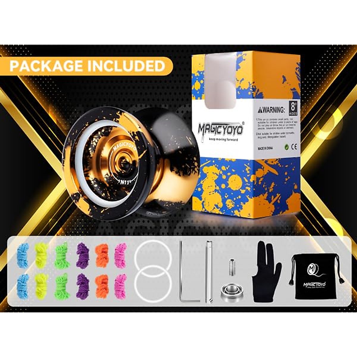MAGICYOYO Dual Purpose Yoyo N11 - Responsive Yoyo for Kids 8-12 or Above & Unresponsive Yoyo for Advanced with Yoyo Glove + Bag + Unresponsive Bearing Kit + 12 Yoyo Strings -Black Golden
