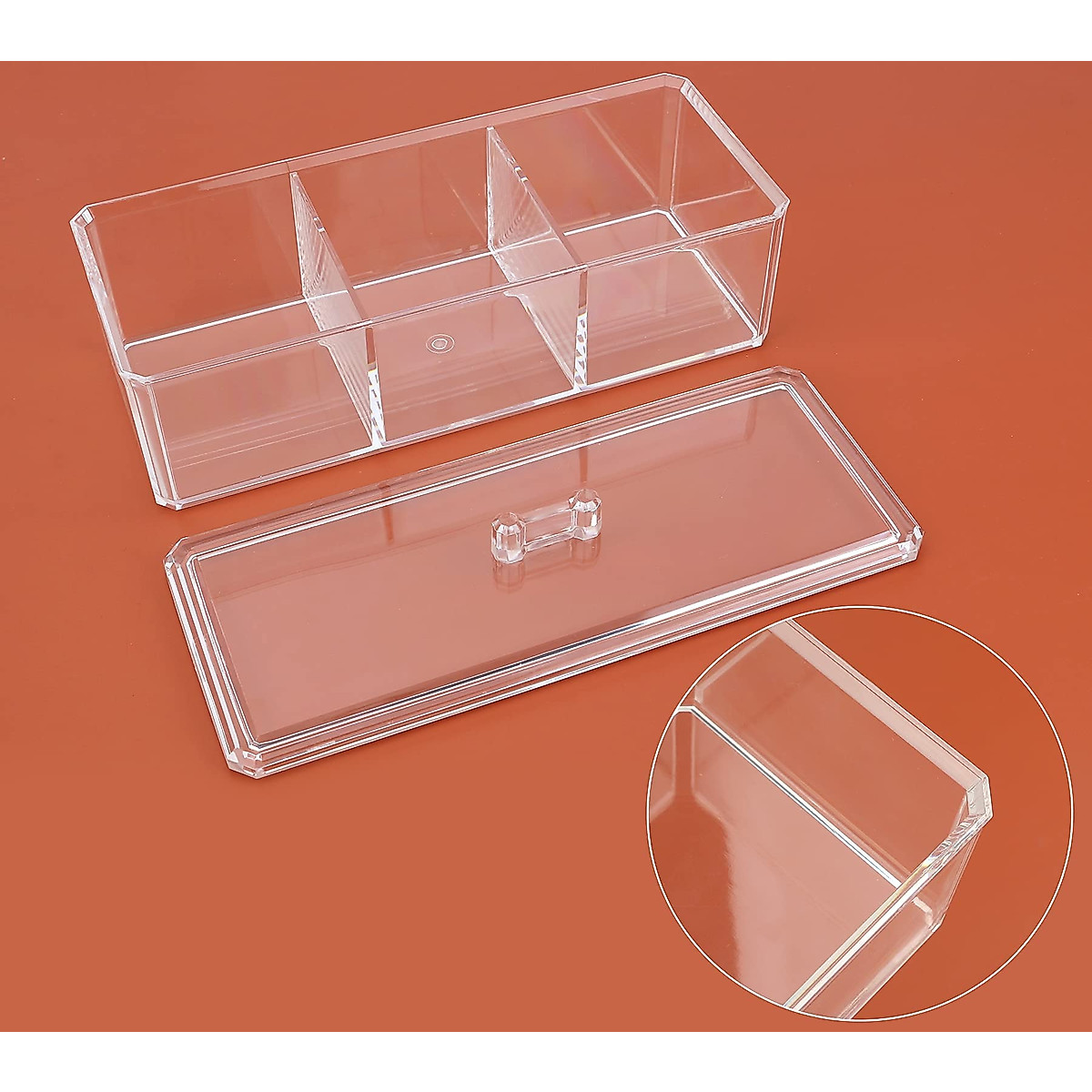 dedoot Plastic Drawer Organizer, Clear Acrylic Vanity Desk Storage and Organizer, 3 Compartment Make Up Holder with Lid Bathroom Display Storage Container for Jewelry, Small Items, 9.17x3.7X3.46 Inch