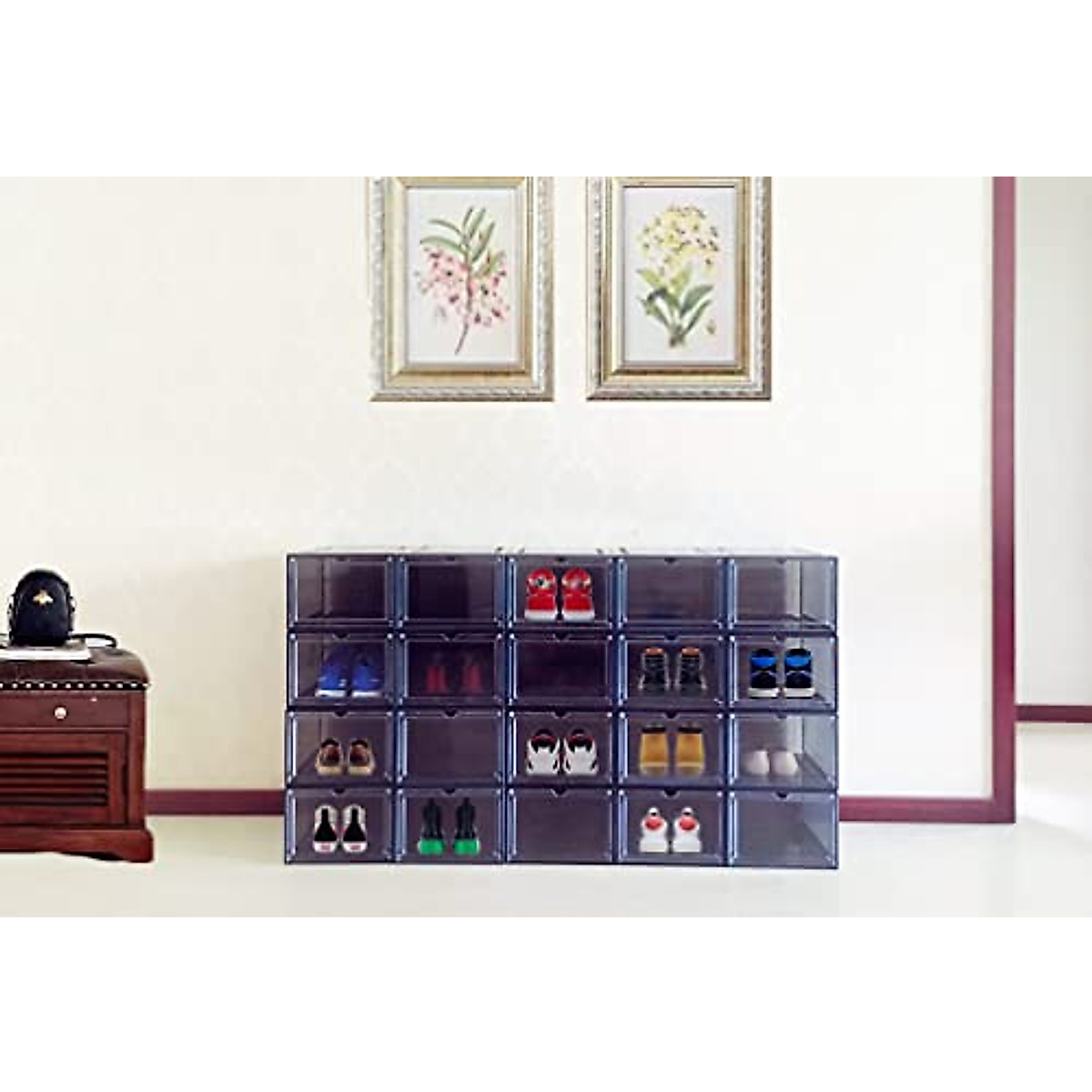 JECCICHY 6 Pack Shoe Organizer for Closet, Shoe Storage Container with Lids, Clear Shoe Box Stackable, Thick Hard Plastic, Drop Front Door, Within US Size 12, Outside Size: 13.54”x10.63”x7.48”(smoky)