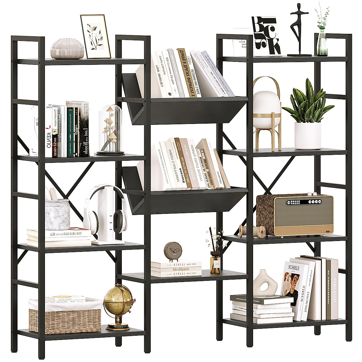 GAOMON Triple Wide 4 Tier Book Shelf, 54.3” Large Bookcase with 11 Open Shelves, Industrial Bookshelves and Bookcases with Metal Frame for Home Office, Study Room, Living Room-Black