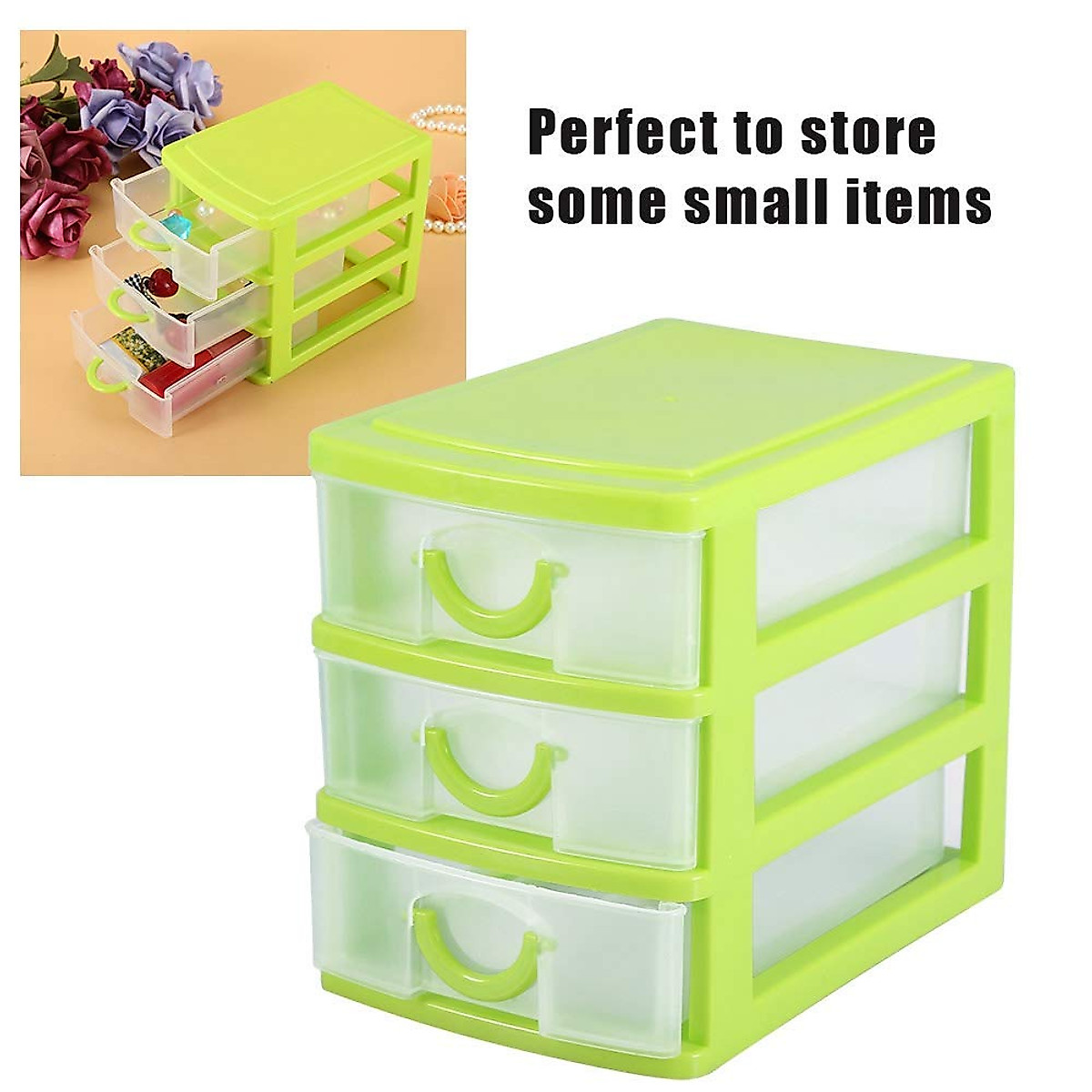 White 3 Drawer Plastic Storage,2 PCS Mini Drawer Organizer, Plastic Jewelry Makeup Storage Box with Adjustable Detachable Dividers for Small Accessories (3 Layers Green)