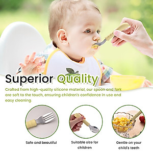 HAKSEN Toddler Forks and Spoons, Kids Silverware with Silicone Handle, Perfect Length for Baby Spoons Self Feeding, Stainless Steel Cutlery
