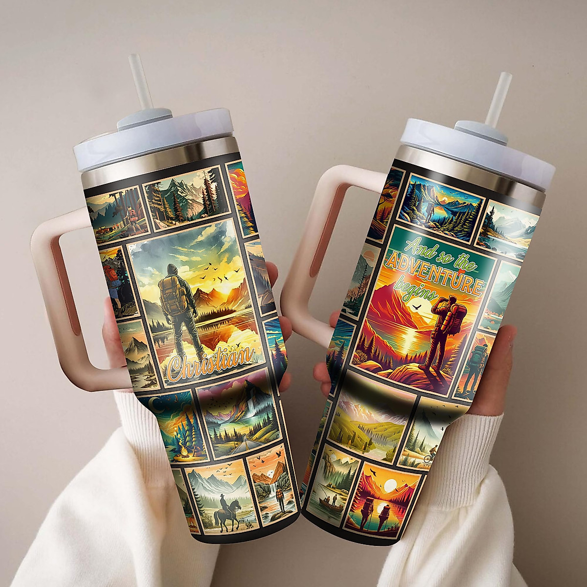 WAZONE Personalized Adventures Tumbler 40oz with Handle and Straw Custom Name And So The Adventure Vacuum Stainless Steel Insulated Coffee Mug Birthday Gifts For Traveling Lover Men Him Dad Papa