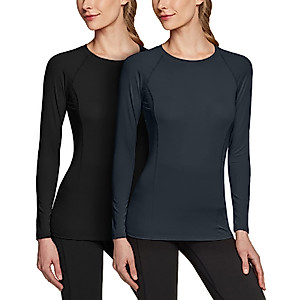 ATHLIO Women's Sports Compression Shirt, Cool Dry Fit Long Sleeve Workout Tops, Athletic Exercise Gym Yoga Shirts, 2pack Black/Charcoal, Small