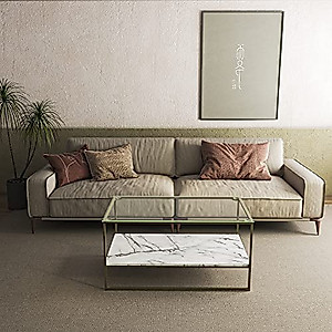 Tilly Lin 35" Elegant 2 Tier Glass Top Coffee Table with White Faux Marble and Gold Metal Legs, Rectangular Cocktail Table with Storage for Living Room