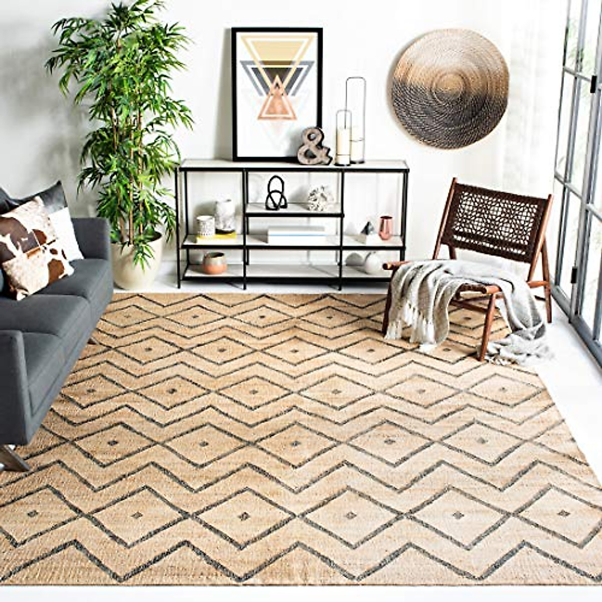 Safavieh Kilim Collection 7' Square Natural / Charcoal KLM750A Handmade Moroccan Boho Jute & Cotton Area Rug