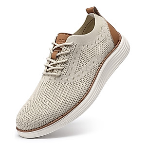 VILOCY Men's Casual Dress Sneakers Oxfords Business Shoes Lace Up Lightweight Comfortable Breathable Walking Knit Mesh Fashion Sneakers Tennis Beige,EU44