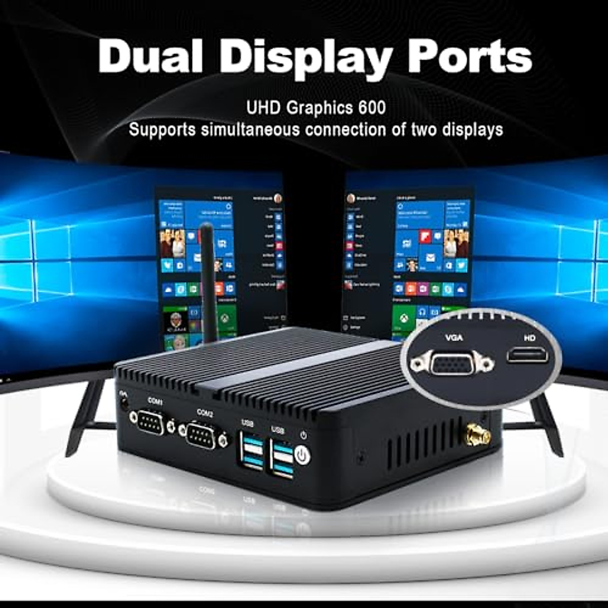 WEIDIAN Fanless Mini PC Industrial Win 11 Pro Celeron J4125 8GB RAM 128GB SSD, 2*COM RS232, 2*Gigabit LAN, 2*Displays HD VGA Small Desktop PC Computer for Industrial Business Office Auto Power On