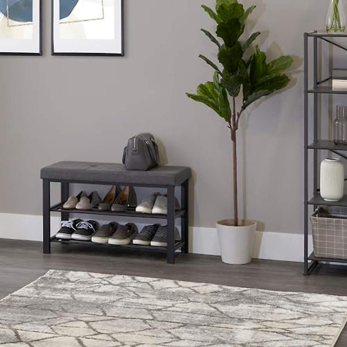 neatfreak Upholstered Storage Bench for Shoes - Double Seat Shoe Bench with Upholstered Fabric Seat Cushion and 2 x Shoe Racks - Perfect for Entryway, Mudroom, Foyer - 12.59" D x 31.89" W x 19.48" H