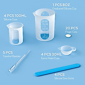 Silicone Resin Measuring Cups Tool Kit- Nicpro 250 & 100 ml Measure Cups, Silicone Popsicle Stir Sticks, Pipettes, Finger Cots for Epoxy Resin Mixing, Molds, Jewelry Making, Waxing, Easy Clean