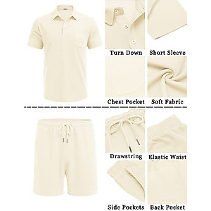 COOFANDY Men's Waffle Knit Polo Shirt and Shorts Set 2 Pieces Outfits Summer Suit Casual Tracksuit with Pockets