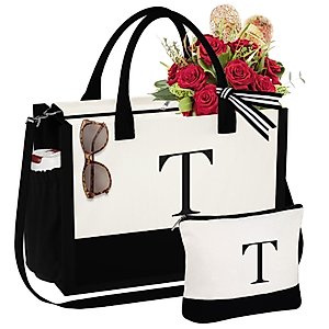 YOOLIFE Teacher Appreciation Gifts - Teacher Christmas Gifts, Retirement Gifts for Women, Teacher Bag, Teacher Gifts for Women, Thank You Gifts | Canvas Initial Tote Bag Letter T