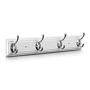 Coat Rack Wall Mounted White, 17" Wooden Modern Wall Coat Hanger with 4 Hooks, Heavy Duty Zinc Alloy Wall Hook Rack for Hanging Coats, Keys, Bags, Keys, Perfect Touch for Bedroom Bathroom Kitchen
