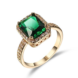 DCFSHEE Women's Classic Yellow Gold Plated Green Simulated Emerald Cocktail Solitaire Rings, Engagement Ring with Emerald Cut Gemstones CZ Birthstone Jewelery (US size 6)