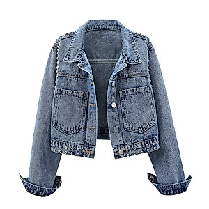 Women's Fashion Cropped Jean Jacket Lapel Long Sleeve Button Down Studded Short Rivet Denim Jacket Coat