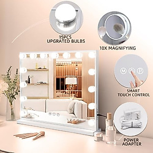 Fenair Vanity Mirror with Lights 22.8"x 18.1" Makeup Mirror with Lights and 15 Dimmable Bulbs,3 Colors Modes,Hollywood Mirror with USB Charging Port and 10X Detachable Magnification Mirror