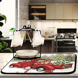 C.IOPMNU Christmas Red Truck Dish Drying Mat - 18" x 24" Microfiber Dish Mat Absorbent Drying Pad Heat-resistant Dish Drainer Mats for Kitchen Countertop