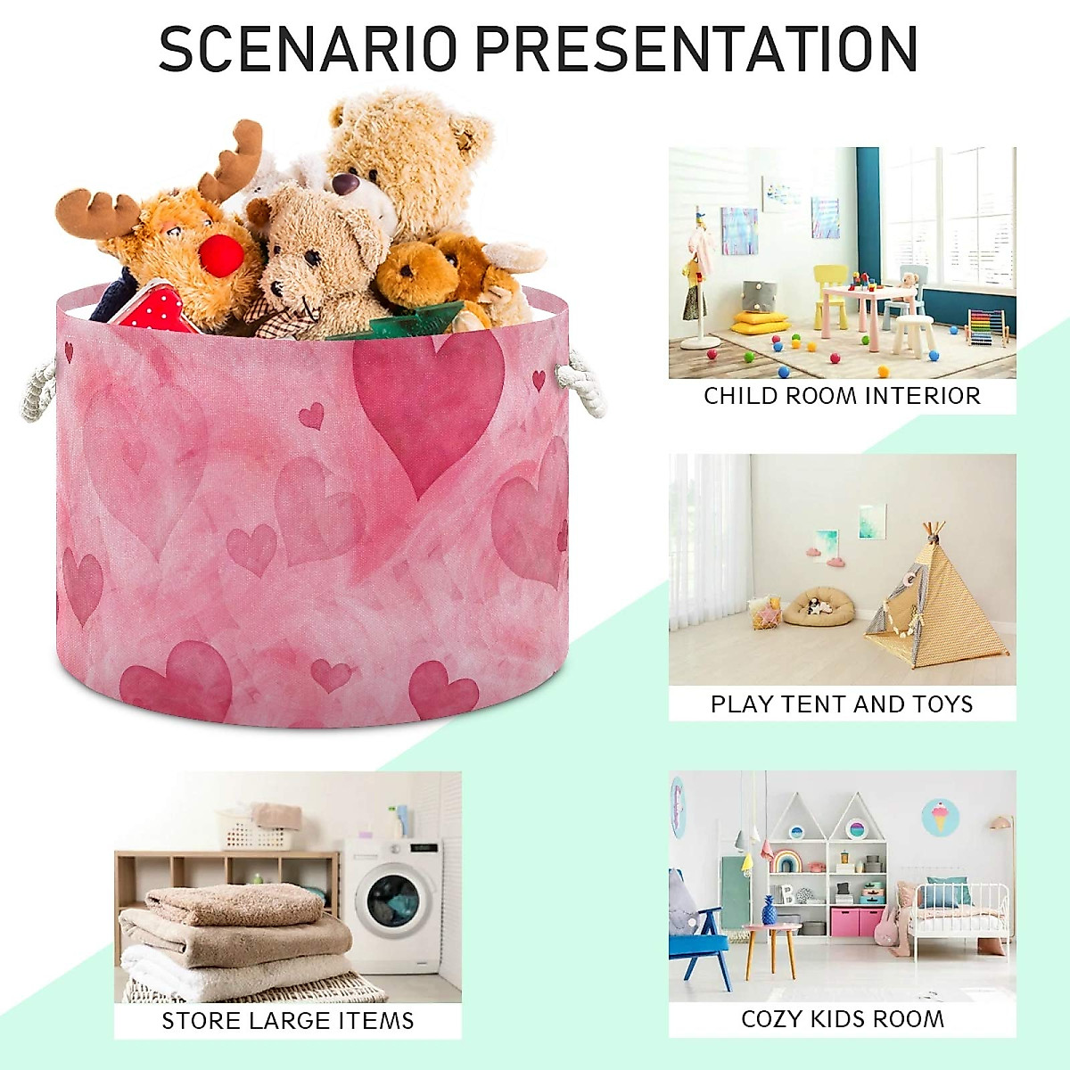 ALAZA Large Storage Basket for Toys Valentine's Day Red Heart Round Blanket Basket Laundry Hamper Canvas Organizer Bin Box Cotton Rope Collapsible Bucket Pillow Home Decor