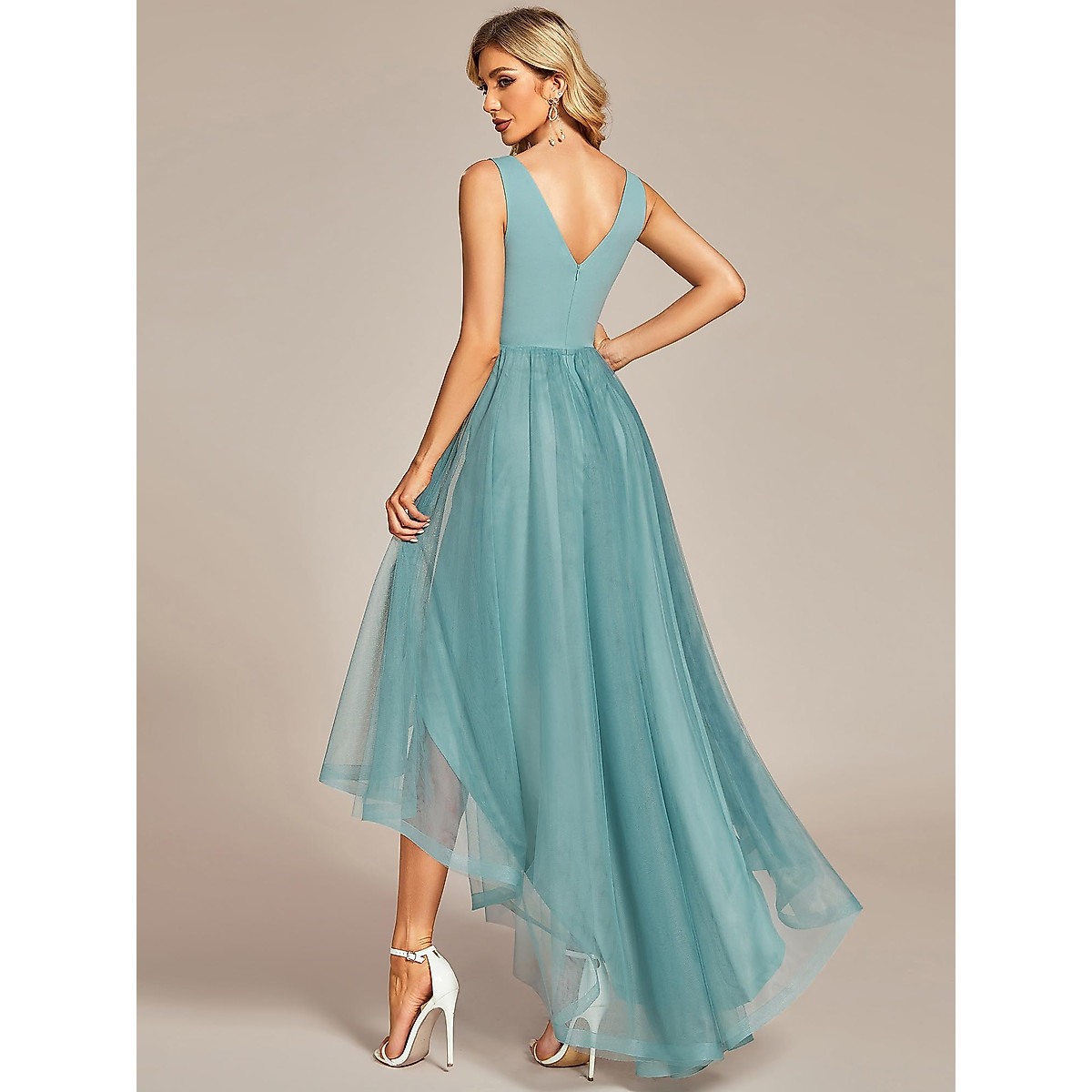Ever-Pretty Women's Simple A-line Beads Tulle Deep V-Neck Homecoming Dress with Beaded Dusty Blue US8