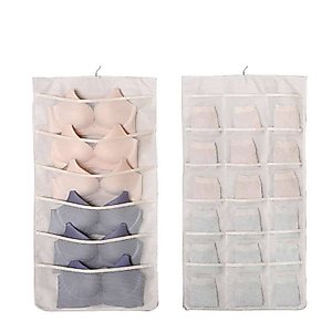 Hanging Bra Closet Organizer and Storage Pockets Wall Organizer 24 Pockets Enlarged Hanging Mesh Pockets Dual Sided Wall Closet Underwear,Bra,Socks,Accessories with Hanger (Beige)