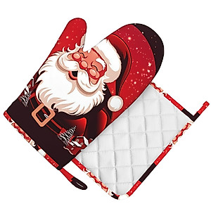 Santa Claus Christmas Printed Oven Mitts and Pot Holders Sets Heat Resistant Kitchen Oven Gloves Potholders Set Extra Long Non-Slip Silicone Gloves for Cooking Baking BBQ