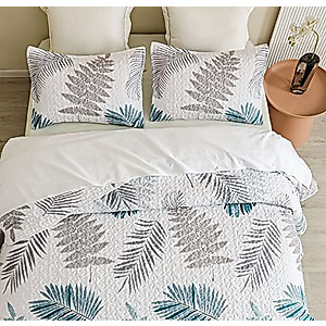 DURLENGEN Floral Quilt Set Queen Size 3Pcs, Teal & Khaki Leaves Printed on White, All Season Lightweight Coverlet Sets(Queen 90x96, Botanical Teal)