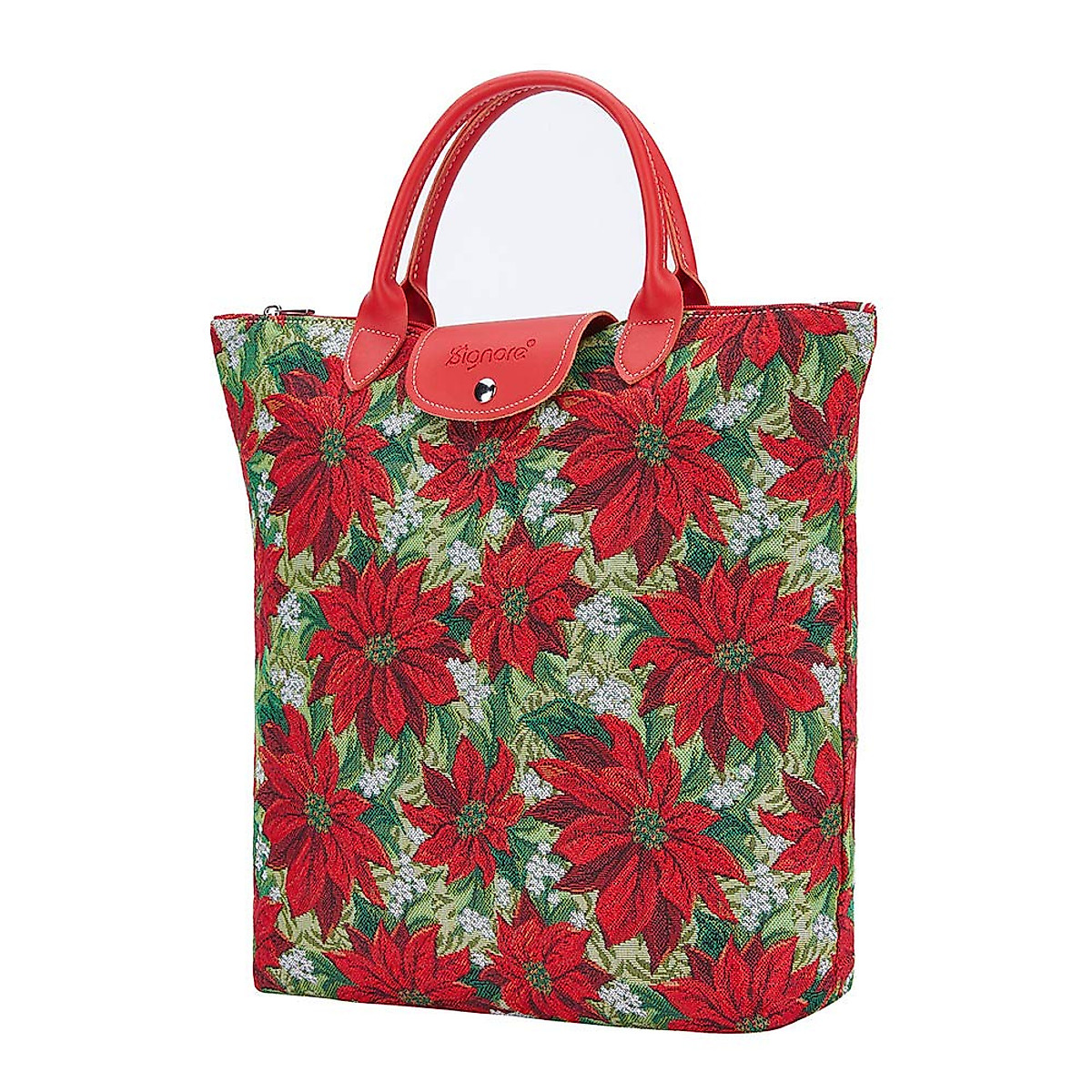 Signare Tapestry Foldable Tote Bag Reusable Shopping Bag Grocery Bag With Xmas Poinsettia Design (FDAW-XMAS-POIN)