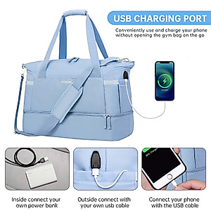 ETRONIK Gym Bag for Women, Personal Item Travel Bag with Shoes Compartment, Weekender Overnight Duffel Bag with Wet Pocket & USB Charging Port, Carry On Bag for Women, Travel, Gym, Weekend (Blue)
