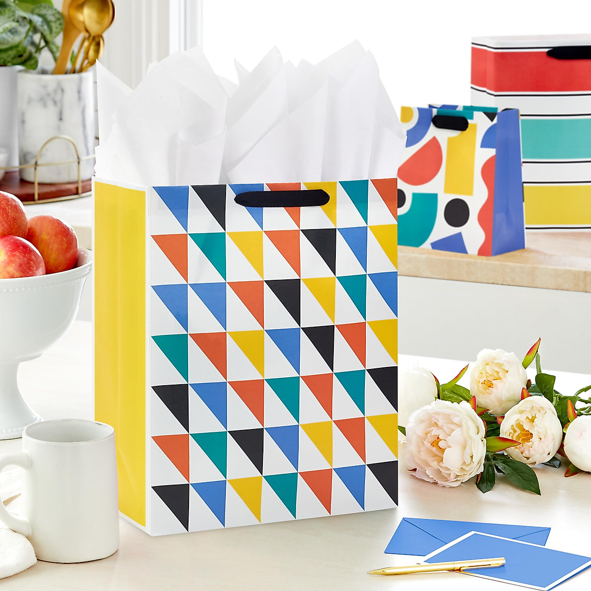 Hallmark Assorted Gift Bags (8 Bags: 3 Small 6", 3 Medium 9", 2 Large 13") Colorful Stripes, Triangles, Shapes